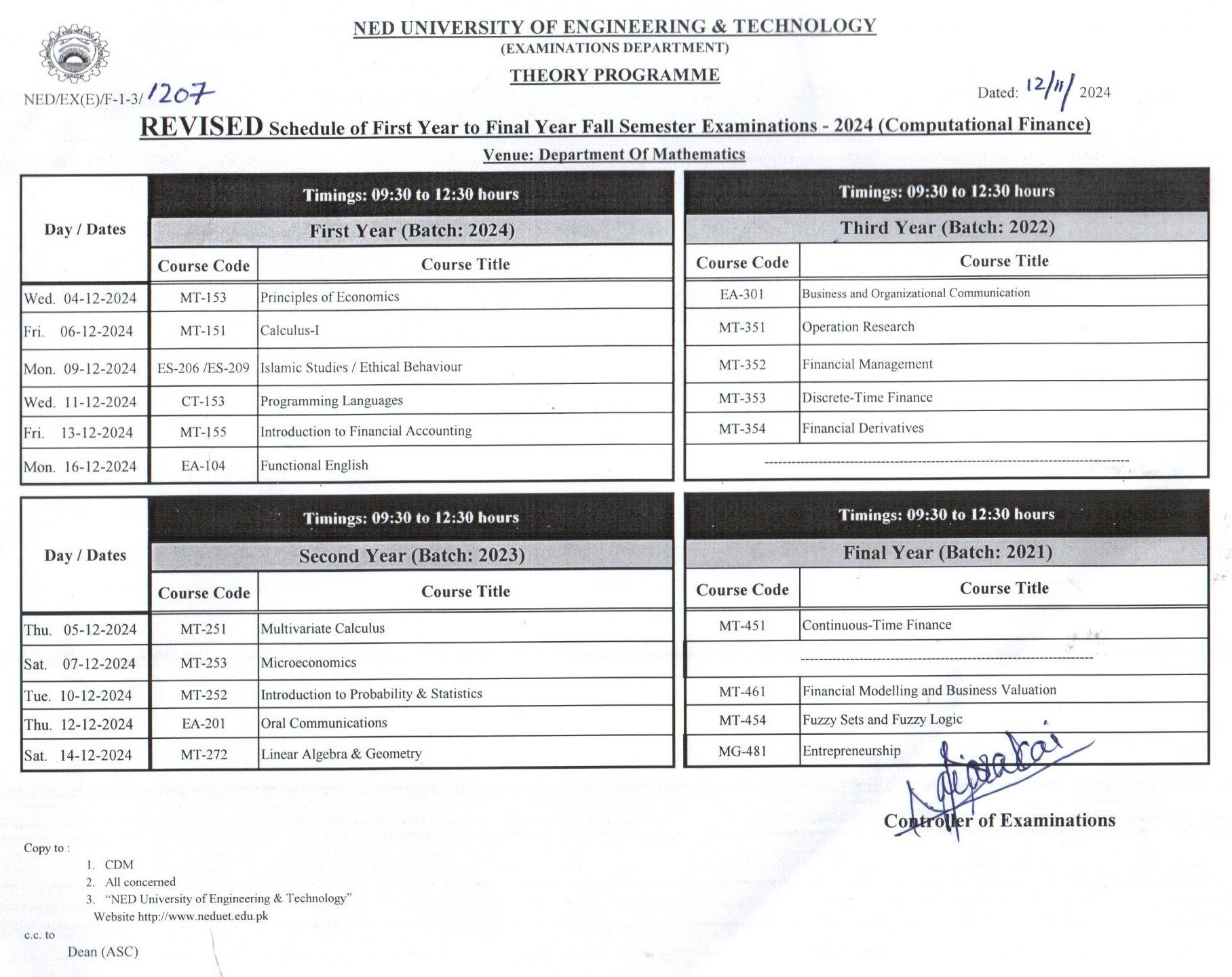 Examinations Schedules | NED University of Engineering & Technology